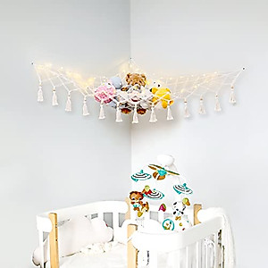 Dahey Stuffed Animal Storage Net Hammock with String Light Wall Corner Hanging Toys Storage Organizer Plush Net Toy Holder Hammock Macrame Tassels Boho Decor for Nursery Kid Playroom Bedroom