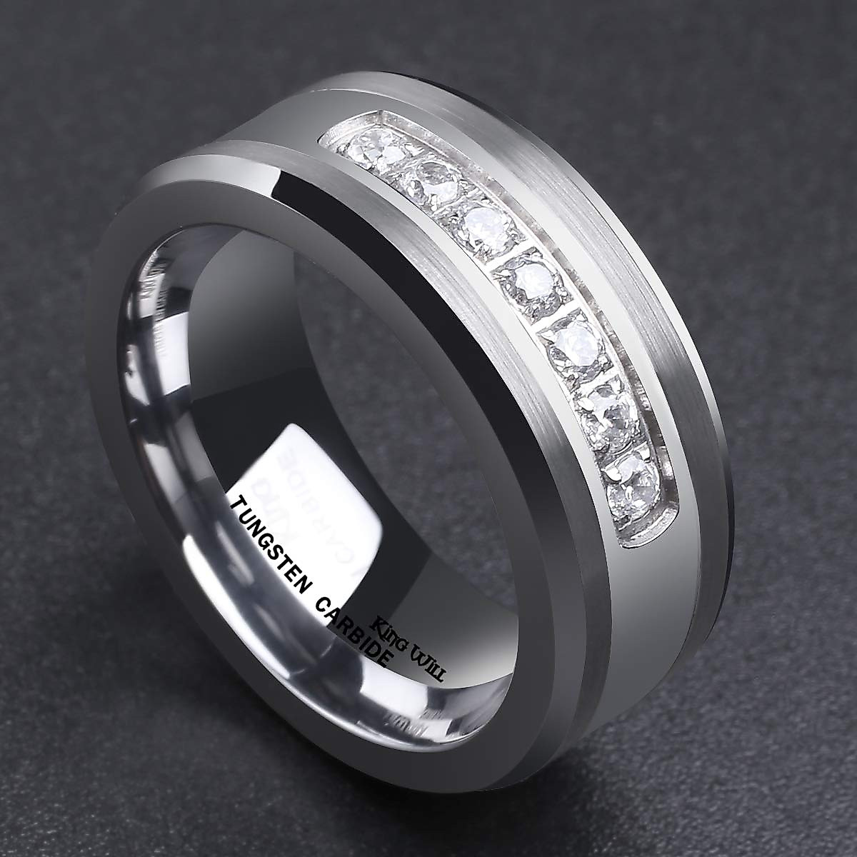 King Will GEM 8mm White Tungsten Ring Unisex Wedding Band Polished Beveled Edge CZ Stone Channel Set(13.5)