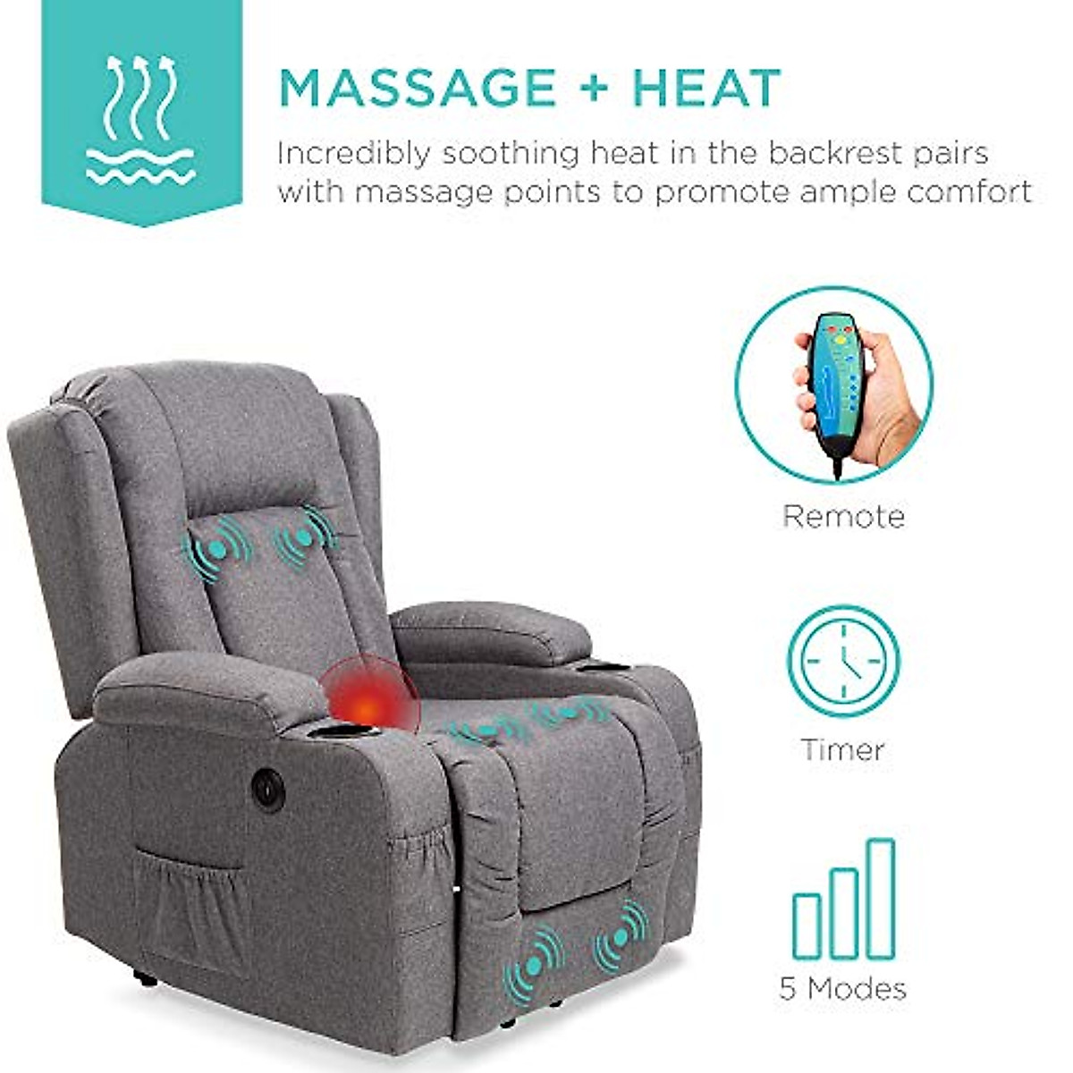 Best Choice Products Electric Power Lift Linen Recliner Massage Chair, Adjustable Furniture for Back, Lumbar, Legs w/ 3 Positions, USB Port, Heat, Cupholders, Easy-to-Reach Side Button - Gray