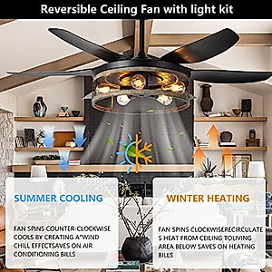 Ohniyou Farmhouse Ceiling Fan with Lights and Remote,52 inch Rustic Ceiling Fan with Caged Light Fixture, Retro Black Outdoor Ceiling Fans for Patio,Living Room,Dining Room,Bedroom
