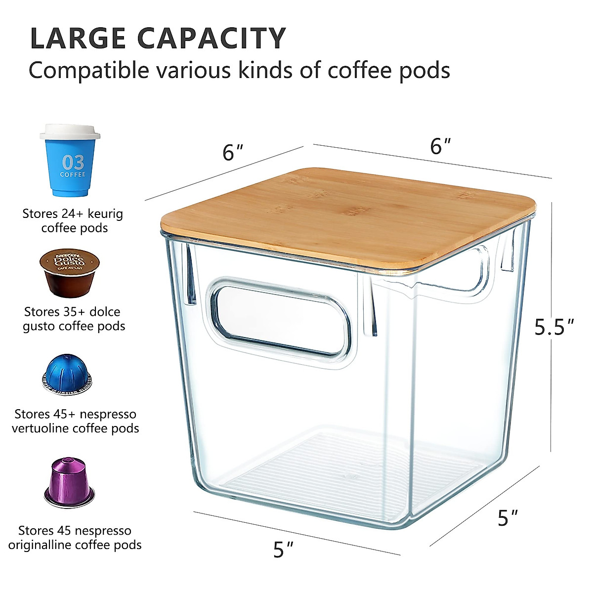 Qilinba 3 PACK Coffee Pod Organizer K Cup Holder Storage Container with Bamboo Lids, Large Capacity Container for Keurig Creamer Suger, Cafe Bar Organizer