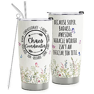 HOMISBES Chaos Coordinator gifts - Chaos Coordinator Travel Mug with Straw for Mom Coworker Boss Manager Employee - Stainless Steel Tumbler Cup 20oz