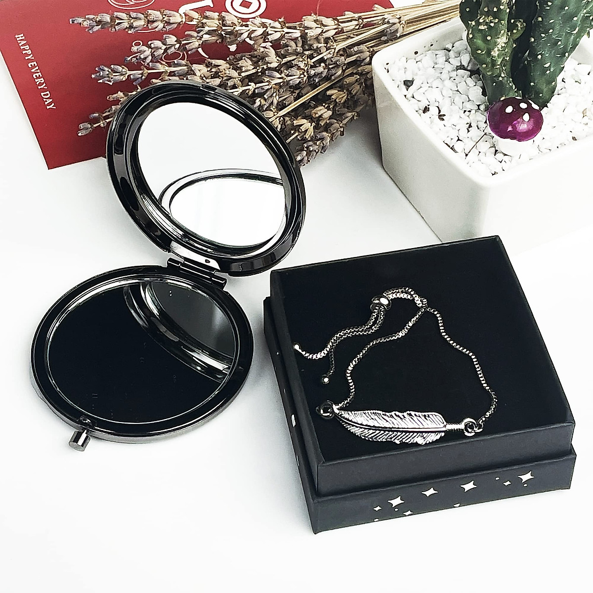 Calyders to My Granddaughter Cute Engraved Personalized Travel Pocket Makeup Mirror(Black), Compact Pocket Mirror & Leaf Bracelet Gifts Box for Granddaughter Birthday,Graduation from Grandpa Grandma
