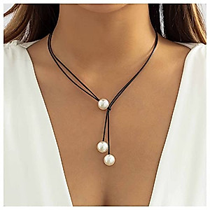 Iaceble Vintage Leather Y-Shape Necklace Black Cord Pearl Lariat Necklace Long Suede Necklace Chain Gothic Cord Rope Choker Necklace Jewelry for Women and Girls