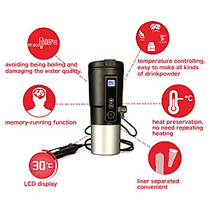 EAST MOUNT Smart Temperature Control Travel Coffee Mug Electric heated Travel Mug 12V Stainless Steel Tumbler Smart Heating Car Cup Keep Milk Warm LCD display Easily Washing Safe for use (Black)