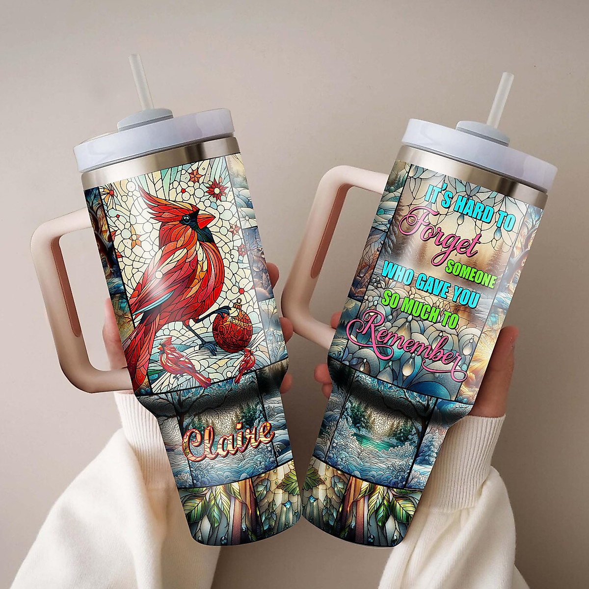 WAZONE Personalized Cardinal Birds 40oz Tumbler with Handle and Straw Lid Stainless Steel Insulated Cup Tumblers Its Hard To Forget Someone Who Gave You So Much To Remember Sympathy Gift