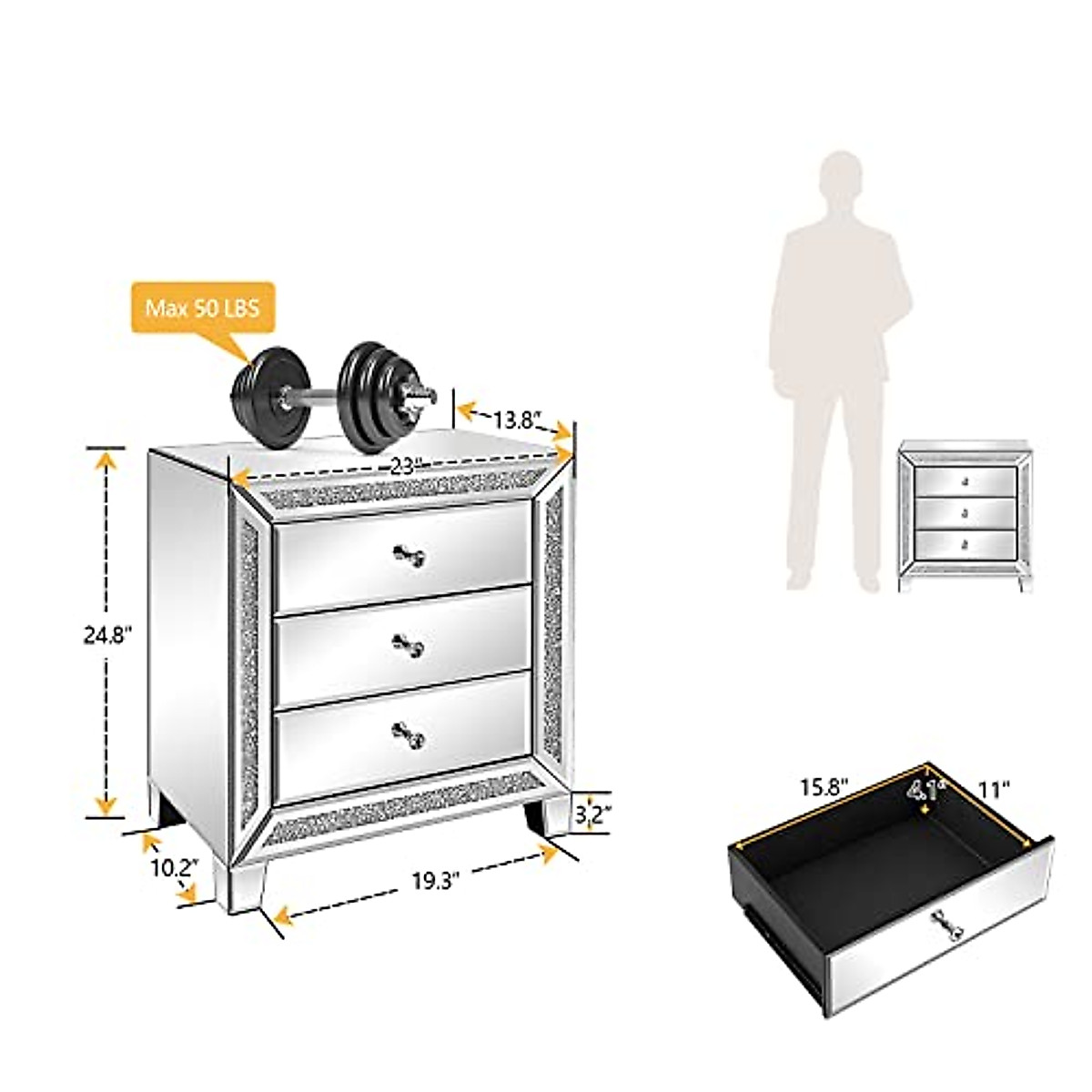 VINGLI Mirrored Nightstands Set of 2 Modern Bedside Table 3 Drawer Glass Side End Table Silver Dresser for Bedroom, 23”L x 13.8”W x 24.3”H