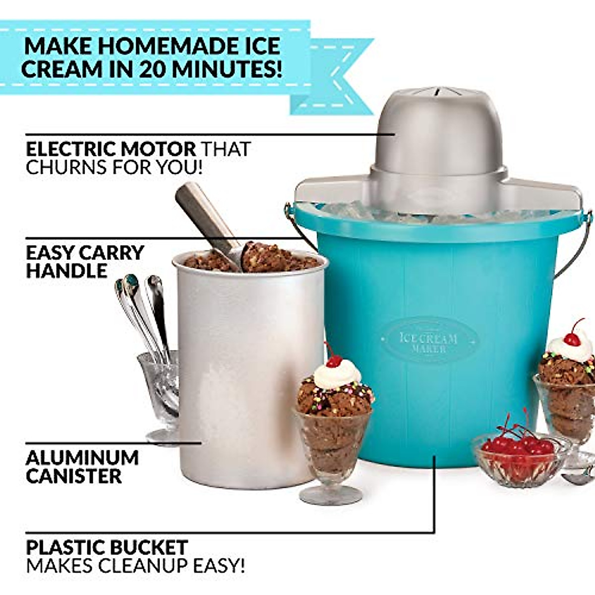 Nostalgia PICM4BG Electric Maker with Easy-Carry Handle Makes 4-Quarts of Ice Cream, Frozen Yogurt or Gelato in Minutes – Blue