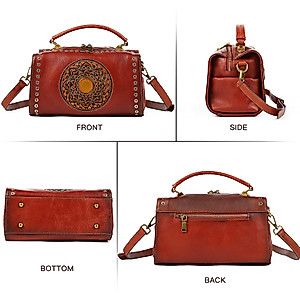 Genuine Leather Purses Pocketbooks for Women, Handmade Vintage Handbag Top Handle Satchel Mandala Totem Crossbody (Orange brown)