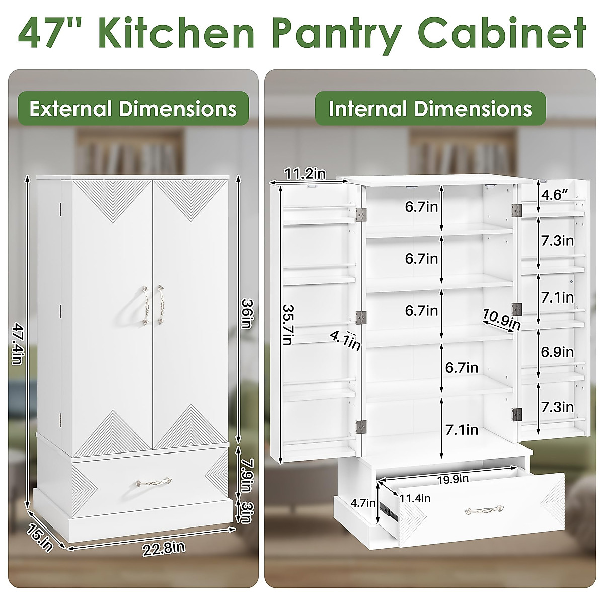 Bigbiglife 47" Kitchen Pantry Cabinet, Kitchen Storage Cabinet with Doors and Adjustable Shelves, Freestanding Buffet Cupboards with Drawer for Kitchen, Living Room and Dining Room, White