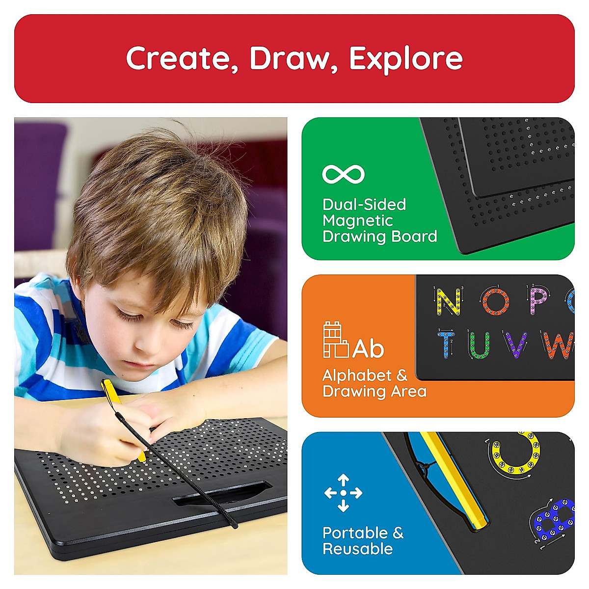 PicassoTiles 2-in-1 Magnetic Drawing Board Toy 12x10 inch Large Magnet Bead Tablet Pad with 2 Facings Alphabet STEM Free Style Educational Erasable & Reusable Learning Writing Playboard in Black PTB04