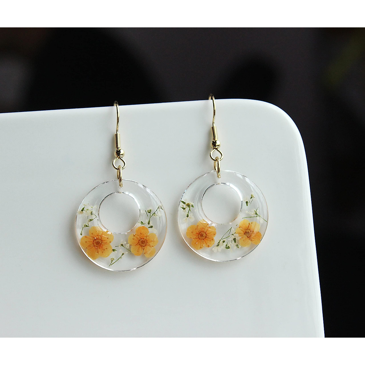 SIEASY Pressed flower Earrings, real Dried Flowers Pendant Earrings Orange Floret Gold earrings