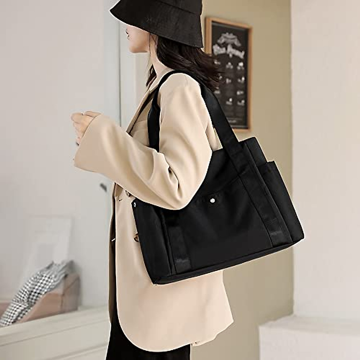 JIANLINST Women Tote Shoulder Handbag Water resistant Nylon Hobo Purse Multi Pocket Top Handle Shopper Shoulder Bag Green-1