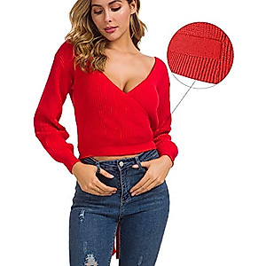 Women Knitted Crop Deep V-Neck Long Sleeve Pullover Cross Wrap Front Loose Sweater