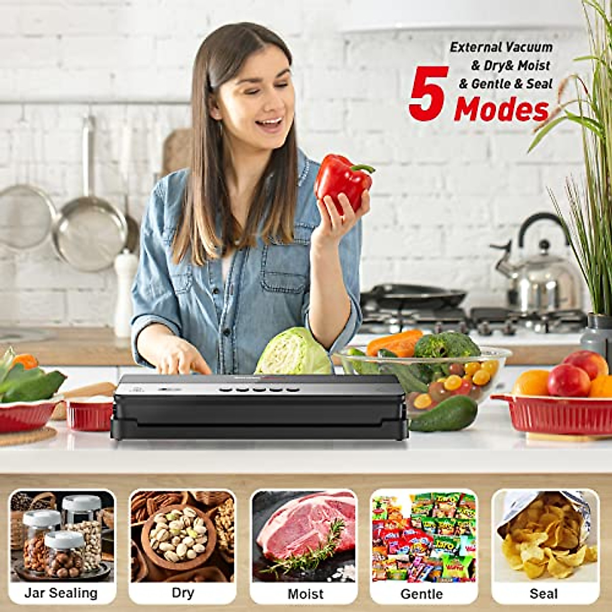 Bonsenkitchen Food Sealer Vacuum Sealer, Built-in Cutter & sealer Bags Rolls and Starter Kit, Dry&Moist Food Modes, Compact Design Air Sealing System Portable Vacuum Sealer, Black