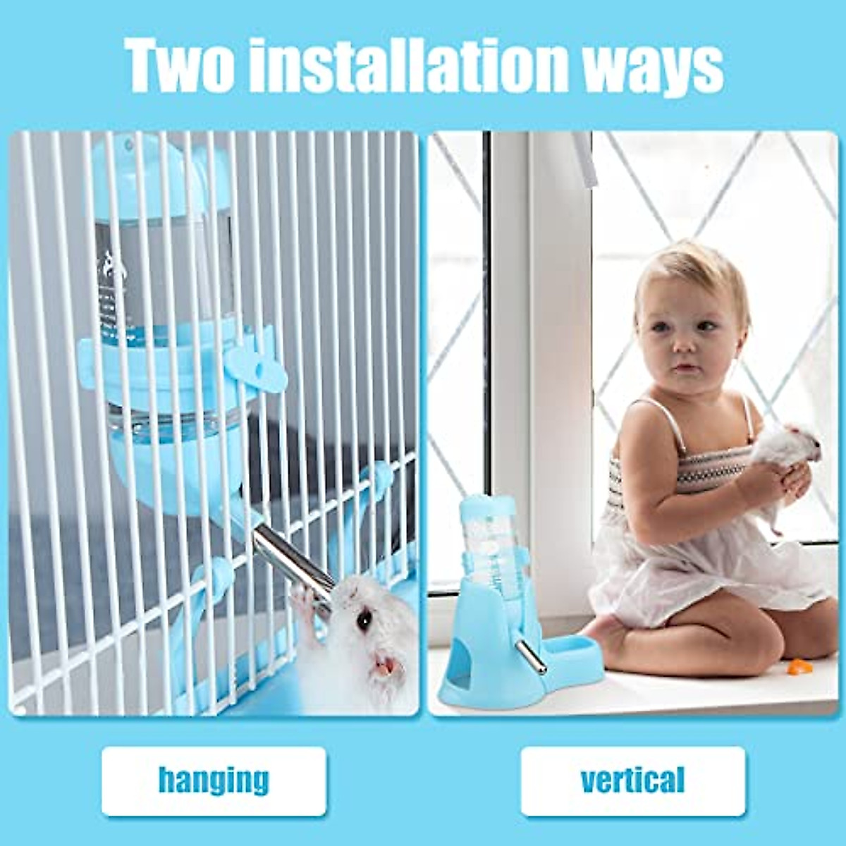 Hamster Water Bottle, [3 in 1-2.7oz] Diyife Guinea Pig Water Bottle No Drip, 80ml Small Animal Auto Dispenser with Food Container Base for Hamster Bunny Chinchilla Squirrel, Small Pets (Blue)