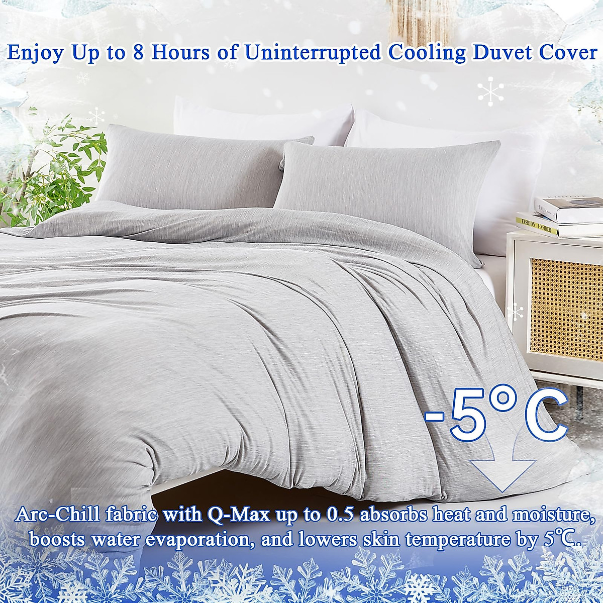 HCORA Cooling Duvet Cover Queen Size - Double Side Arc-Chill Q-Max>0.5 Cooling Fiber Duvet Cover Set 3PCS - Soft, Breathable, Cooling Comforter Cover with Zipper Closure & Corner Ties (Light Grey)