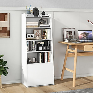 Tangkula White 6 Tier Bookcase, Modern Bookshelf w/ 2 Adjustable Shelves & Flip-up Door, Wood Storage Cabinet w/ 5 Open Shelves, Freestanding Display Shelf for Living Room Study (White, 6 Tier)