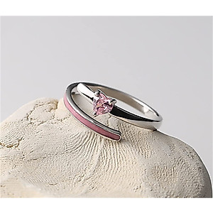 CZ Pink Heart Engagement Ring for Women 925 Sterling Silver Cubic Zirconia Statement Stacking Adjustable Expandable Enamel Open Band Rings Comfort Fit Dainty Wedding Birthday Valentine Jewelry