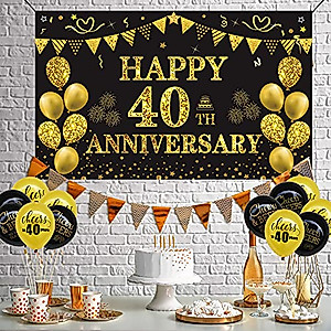 DARUNAXY 40th Wedding Anniversary Decorations, Large Happy 40th Anniversary Banner Backdrop 70 x 43 Inches, Black and Gold Party Balloons, Hanging Swirls for Indoor Outdoor Home Wall Party Supplies