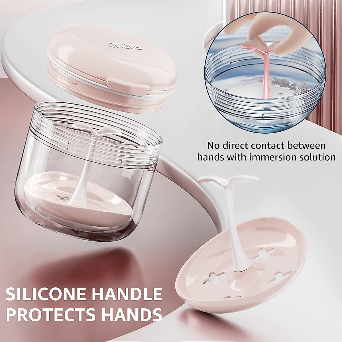 OFIDUS Denture Bath Case - No-Leak Double Layer Dry & Wet Separation Denture Bath Box, Portable Denture Case with Mirror, Removal Tool, Brush for Dentures, Clear Braces, Mouth Guard, Retainers (Pink)