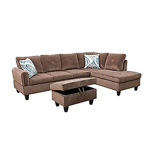 NOTOP 3-Piece Corduroy L-Shaped Sectional Sofas, Button Tufted Upholstered Couch Set with Right Chaise Longue and Storage Ottoman, for Living Room, Home, Office, 97, Dark Brown
