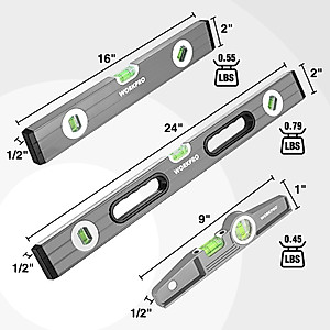WORKPRO Torpedo Level, 3-Piece Spirit Level Set(9", 16", 24"), Magnetic, Bubbles Measuring, Clear,green