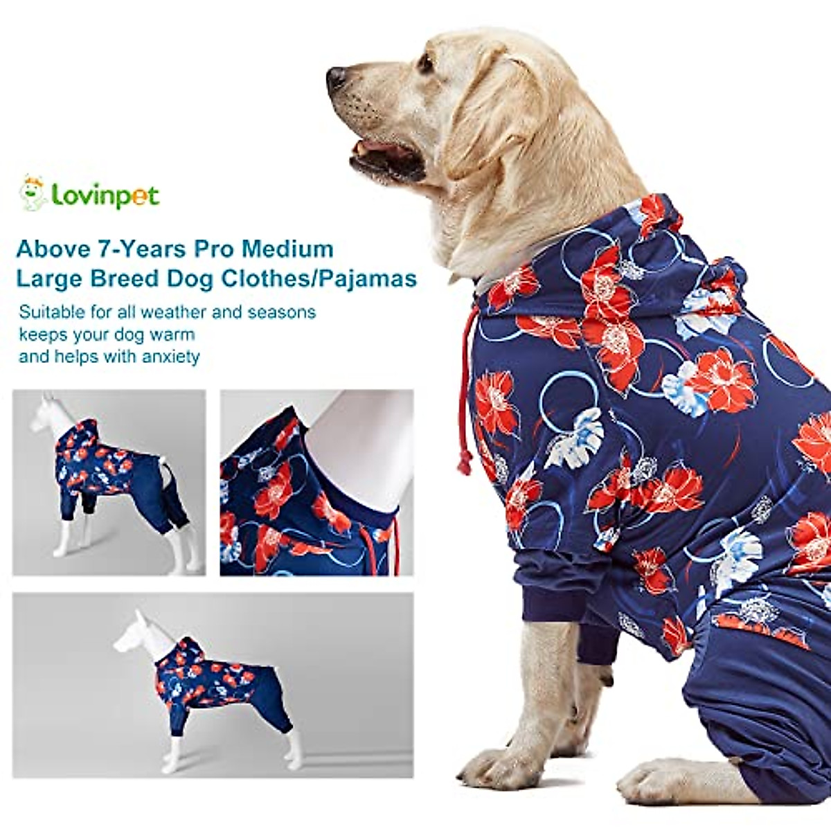 LovinPet Big Dogs Breeds Jammies, Wound Care/Post Surgery clothes, Pet Anxiety Relief for Dogs, Lightweight stretchy, Large Breed Dog Pajamas, Reflective Stripe, Floral Navy & Red Print, Pet Pj's /2XL