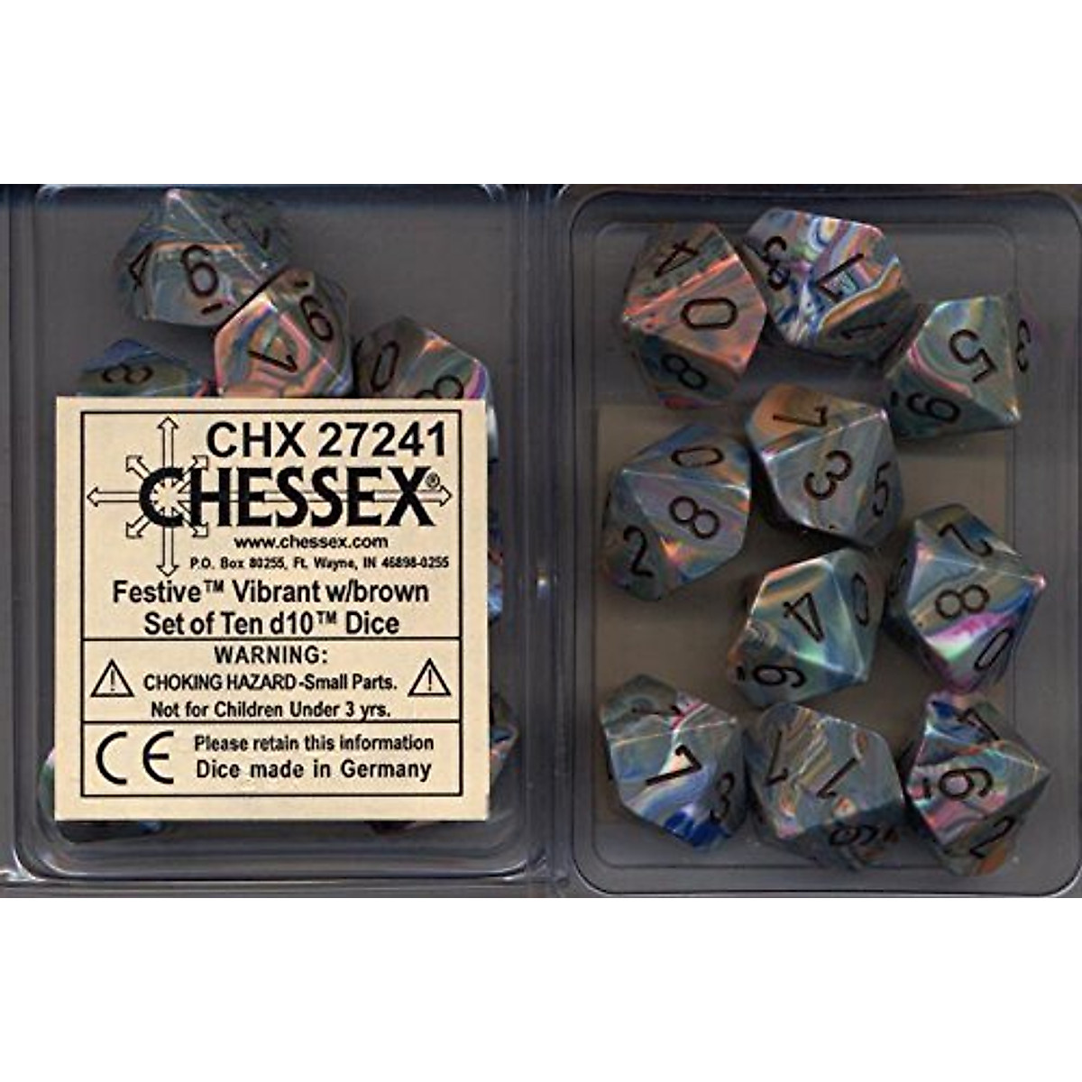 Chessex Dice Sets: Festive Vibrant Swirl with Brown Pips - Ten Sided Die d10 Set (10)