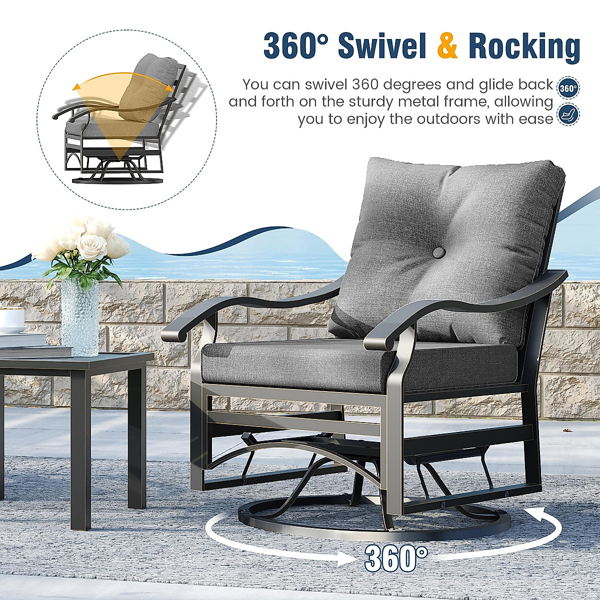 VONZOY 3 Piece Outdoor Swivel Chair, Patio Furniture Metal Rocker Bistro Set with Rocking Chair, Thick Cushions and Table for Porch Garden Balcony（Grey）