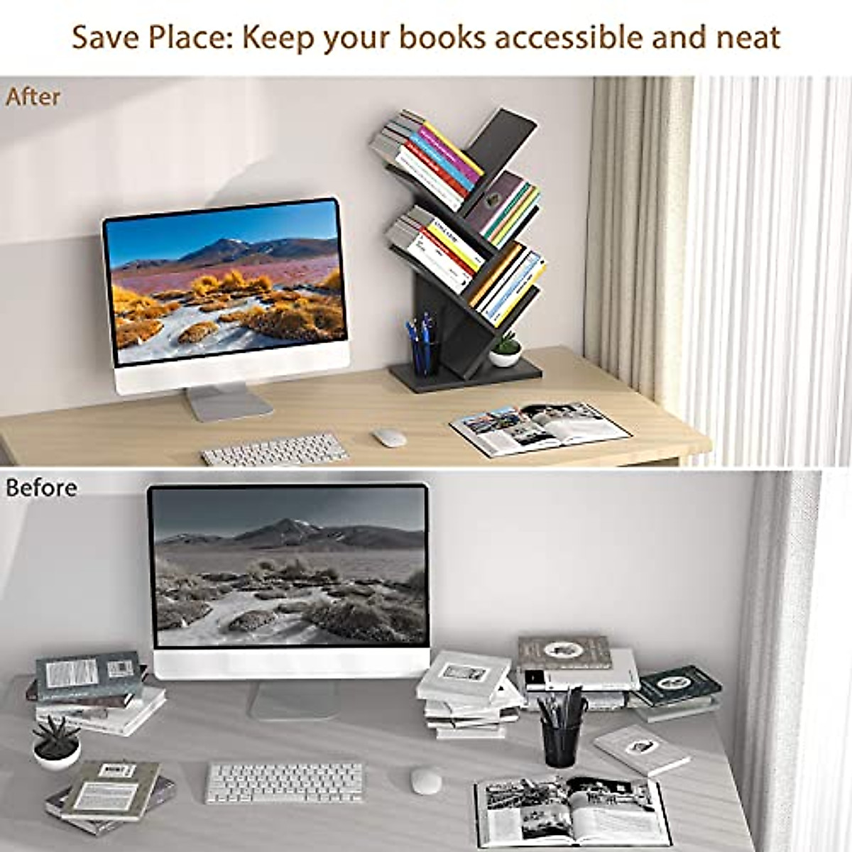 Topfurny Tree Bookshelf, 4-Tier Book Storage Organizer Shelves Floor Standing Bookcase, Wood Storage Rack for Office Home School Shelf Display for Cd/Magazine/Book -Black