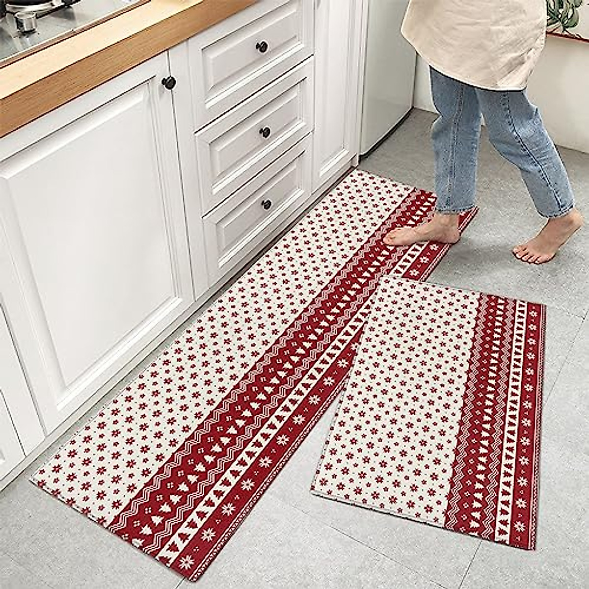 MUENINELE Kitchen Floor Rugs, Merry Christmas Snowflake Xmas Tree Geometric Pattern Red Non-Slip Runner Mats Runner Rugs for Laundry, Bedrooms, Sink, Office, 2 PCS Set