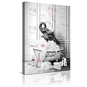 familypers Bathroom Canvas Wall Art Funny Pictures Elephant In Bathtub With Pink Bubbles Wall Decor Grey Background Print For Home Decorations Bathroom Wall Decor Ready To Hang 12x16 Inch