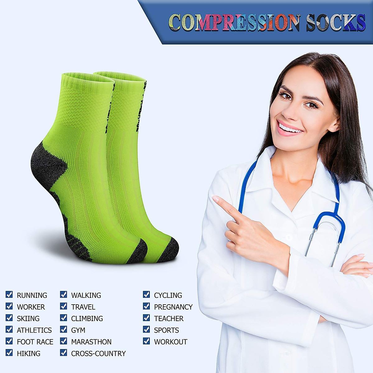 QUXIANG Compression Socks for Women & Men Circulation 3/6/7 Pairs Arch Ankle Support 15-20 mmHg Best for Running Cycling (Multi 31,L/XL)