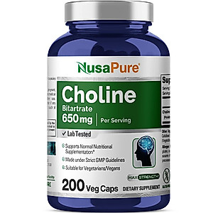 NusaPure Choline Bitartrate 650 mg 200 Veggie Capsules (Vegetarian, Non-GMO, Vegan)