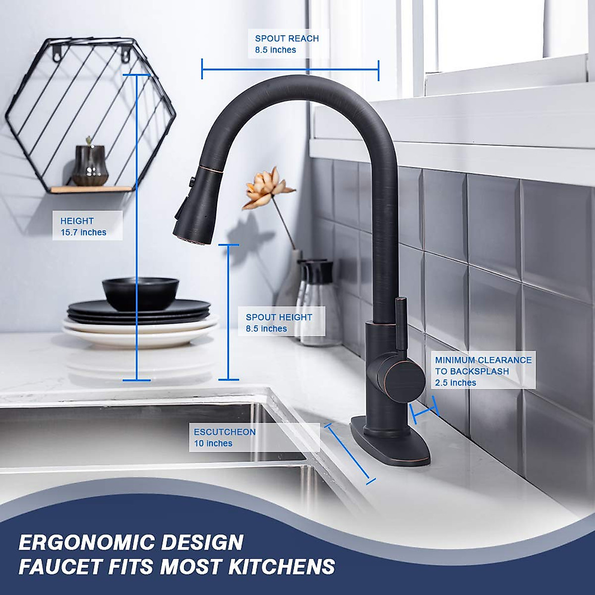 WEWE Oil Rubbed Bronze Kitchen Faucet with Pull Down Sprayer, 360 Degree Rotation, 24" Pull Out Hose, 3-Mode Setting, Easy Installation