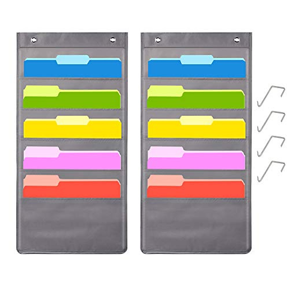 Storage Pocket Chart with 5 Pocket, 2 Pack Heavy Duty Storage Chart Hanging Wall File Organizer ​Included 4 Over Door Metal Hangers - Organize Your Assignments, Files, Scrapbook Papers & More (Gray)