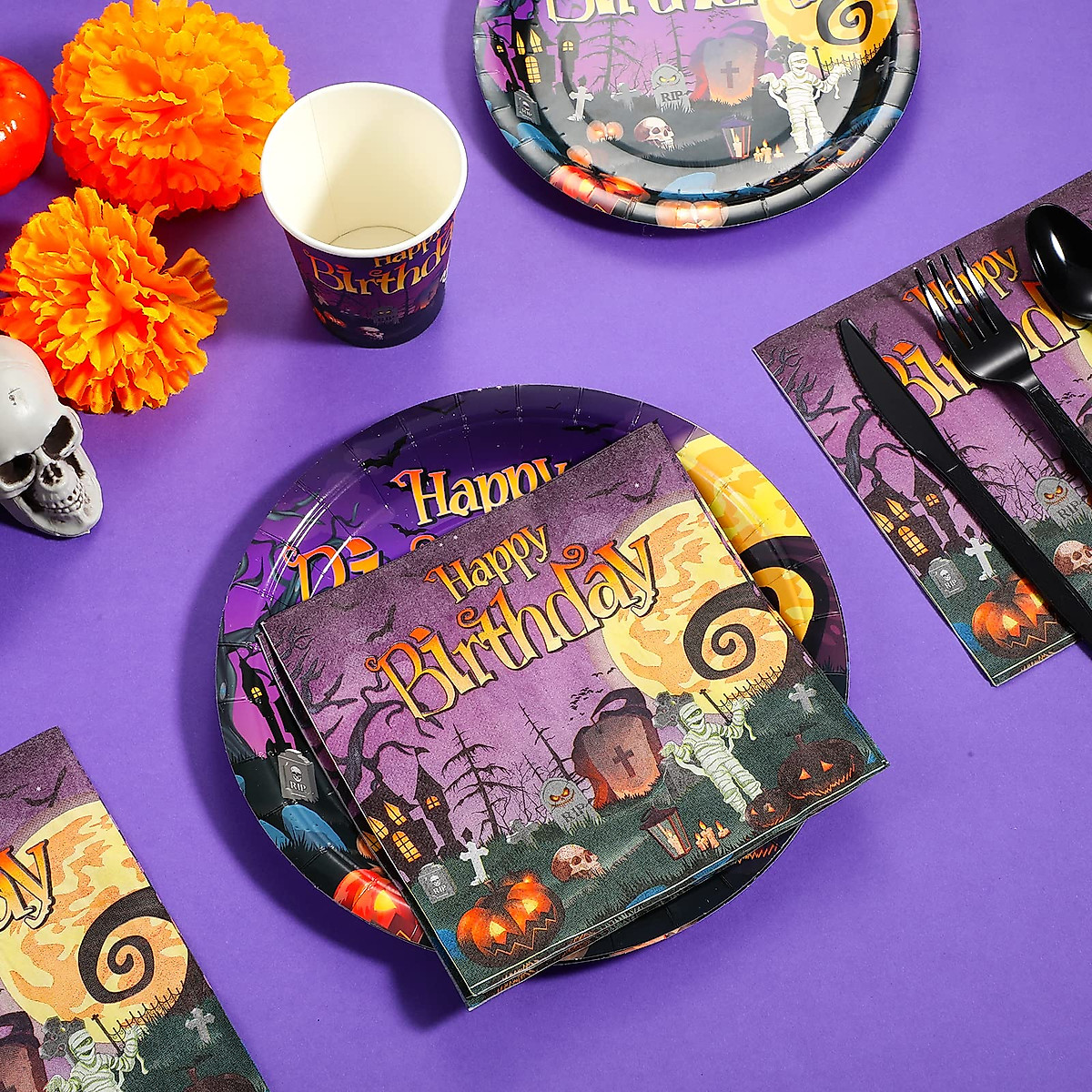 Halloween Party Supplies, Halloween Birthday Plates and Napkins Set, Disposable Paper Plates Napkins Cups Knives Spoons Forks for Kids Boy Girl Halloween Theme Birthday Party Decorations, Serve 25