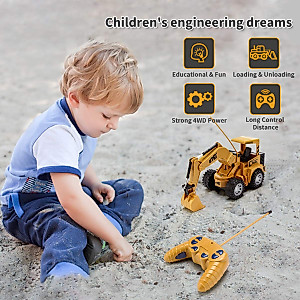 Remote Control Excavator Toy for Beginners - 4WD 5 Channel 1:24 RC Construction Excavator with LED Light, Pretend Construction Playset, Vehicle Toys for Boys Girls, Best Gifts for 3-6 Years Old Kids