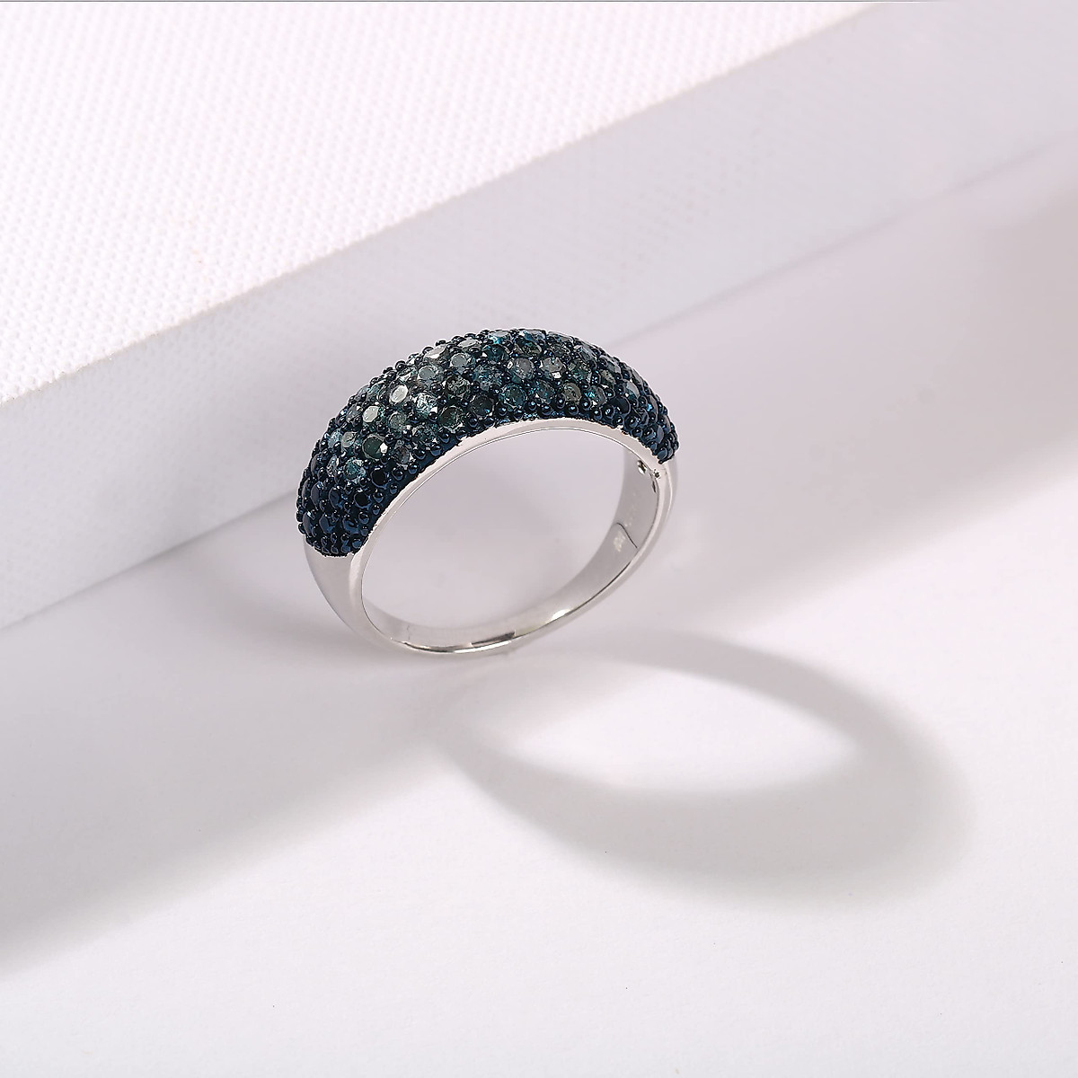 DZON Sterling Silver 1CT TDW Blue Diamond studded Ladies Cocktail Prong Set Right Hand Fashion Anniversary Wedding Multi Row Ring Band for Women (I-J, I2) Ring Size 7