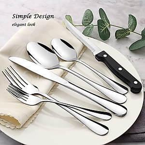 E-far 24-Piece Silverware Set with Steak Knives, Stainless Steel Flatware Cutlery Set Eating Utensils for 4, Spoons Forks Knives for Home Kitchen, Simple Design & Mirror Finish, Dishwasher Safe