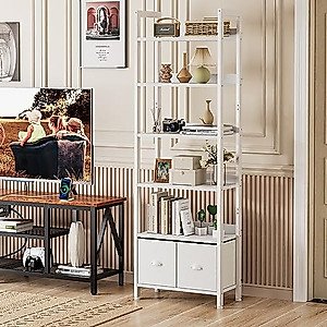 Furologee White 6 Tier Bookshelf with Drawers, Tall 71" Bookcase with Shelves, Modern Wood and Metal Book Shelf Storage Organizer, Display Free Standing Shelf Unit for Bedroom, Living Room, Office