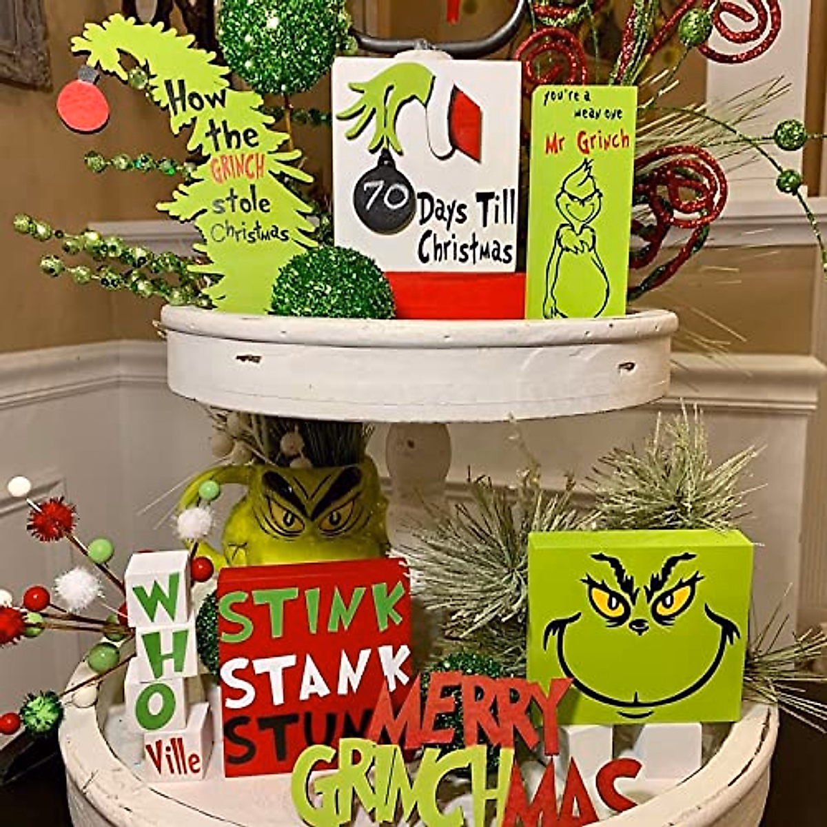 Grinch Tiered Tray Decor,Farmhouse Tiered Tray Decor, Christmas Tiered Tray Decoration,Green Christmas Tree Grinch Wooden Signs Decorations