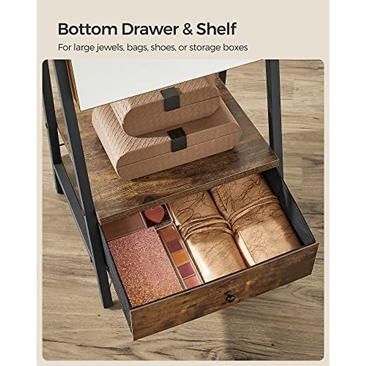 SONGMICS LED Cabinet Standing, Lockable Jewelry Armoire with Full-Length Mirror, Space-Saving Jewelry Organizer with Mirror, Bottom Drawer and Shelf, Gift Idea, Rustic Brown UJJC025X01