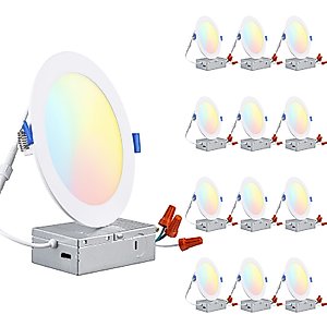 TORCHSTAR 12-Pack 5CCT 6 Inch Ultra-Thin LED Recessed Lighting with Junction Box, Aluminum, 2700K3000K3500K4000K5000K, 5%-100% Dimmable Slim Recessed Downlight, 12W 1000LM, ETL & ES Certified