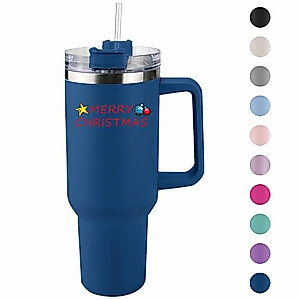 LB LEOBON 40 ounce insulated cup with handle, double-layer vacuum stainless steel material, equipped with straw, can keep warm or maintain cold drinks Merry Christmas Stars Balls Cowboy Blue