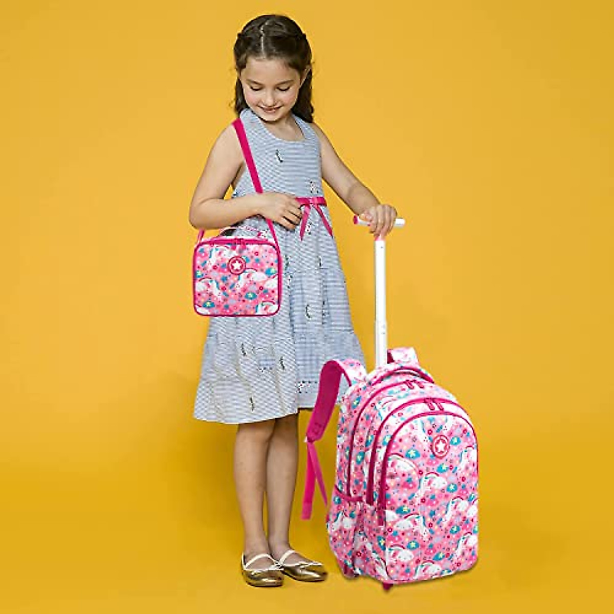 Egchescebo Girls Rolling Backpacks with Wheels 3PCS Unicorn Backpack Set for School Wheeled Luggage Suitcase Lunch Box Pencil Case Large Capacity Bookbag Adjustable Trolley for Elementary Travel Red