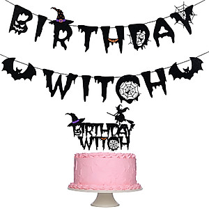 Birthday Witch Banner and Birthday Witch Cake Topper, Halloween Witch Birthday Banner Hocus Pocus Birthday Banner for Halloween Witch Birthday Supplies Halloween Hocus Pocus Birthday Decorations