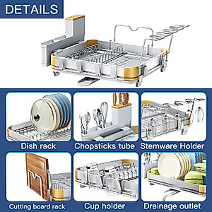Dish Drying Rack, Aluminium Dish Racks for Kitchen Counter with Cup Rack, Large Dish Drainers with Drainboard, Anti-Rust Kitchen Dish Rack Dryer Shelf for Plate with Utensil, Cutting Board Holder