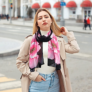 E-Clover Women Soft Floral Print Shawl Chiffon Sheer Scarf Mothers Day Gift (A-Black&Pink)